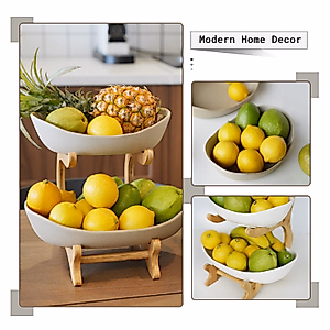 Mangoton 2 Tier Fruit Basket for Kitchen Counter,Ceramic Fruit Bowl for Kitchen Counter,Fruit Holder,Organizador de Cocina,Large Khaki
