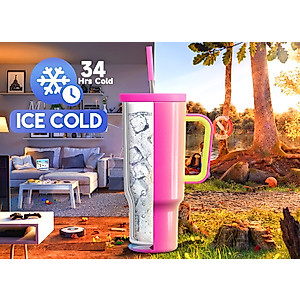 Meoky 40oz Tumbler with Handle, Leak-proof Lid and Straw, Insulated Coffee Mug Stainless Steel Travel Mug, Keeps Cold for 34 Hours or Hot for 10 Hours (Carnival)