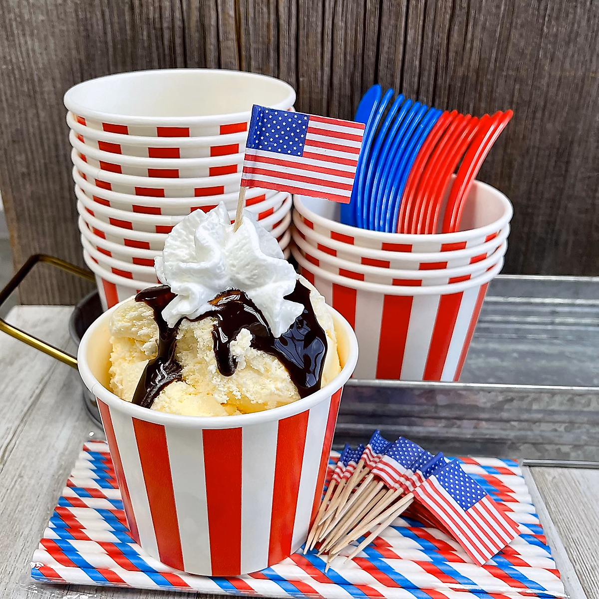 Outside the Box Papers Patriotic Ice Cream Sundae Kit - July Red and White Stripe Paper Treat Cups - Plastic Spoons - American Flag Picks - Paper Straws - 16 Each