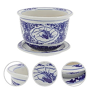 Yardwe Blue and White Planter Ceramic Planter Ceramic Flower Pots with Drainage Hole Plant Pots with Saucer Tray Plants Container for Bonsai Plants Flower Aloe Small Succulent Pots