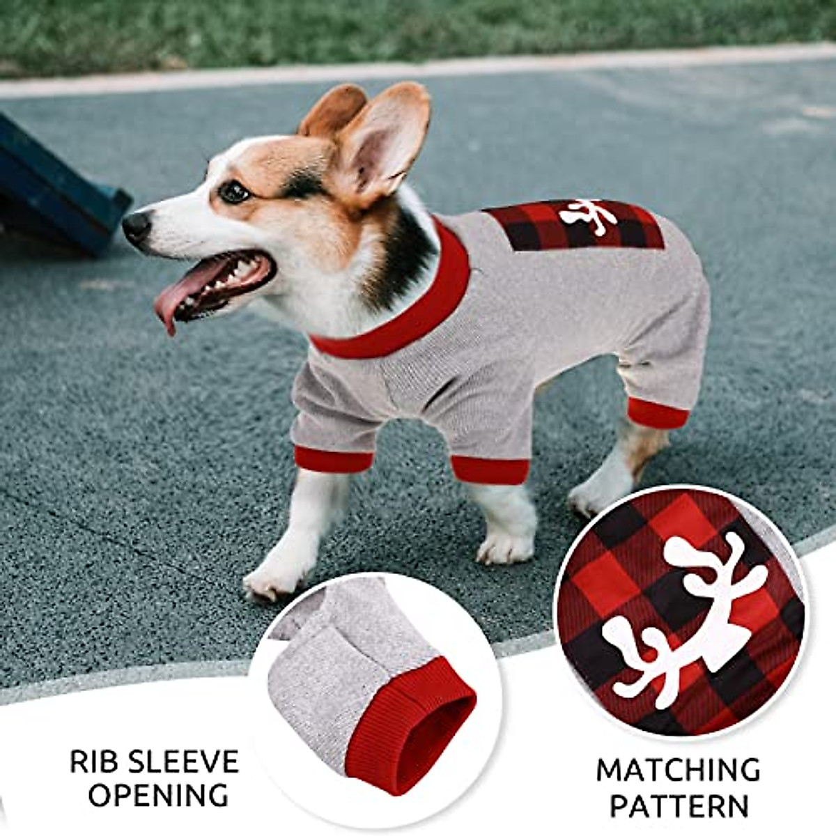 ASENKU Dog Pajamas Jumpsuit, Plaid Dog Pajamas for Small Dogs Pjs Clothes, Puppy Onesies Outfits for Doggie Christmas Shirts Sleeper Suits for Puppies Pet Cats (Grey Deer, XS)