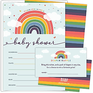 Koko Paper Co Rainbow Baby Shower Invitations and Diaper Raffle Tickets | 25 Fill-in Invitations, 25 Bright White Envelopes and 25 Diaper Raffle Tickets | 75 pcs Total | Printed on Heavy Card Stock.