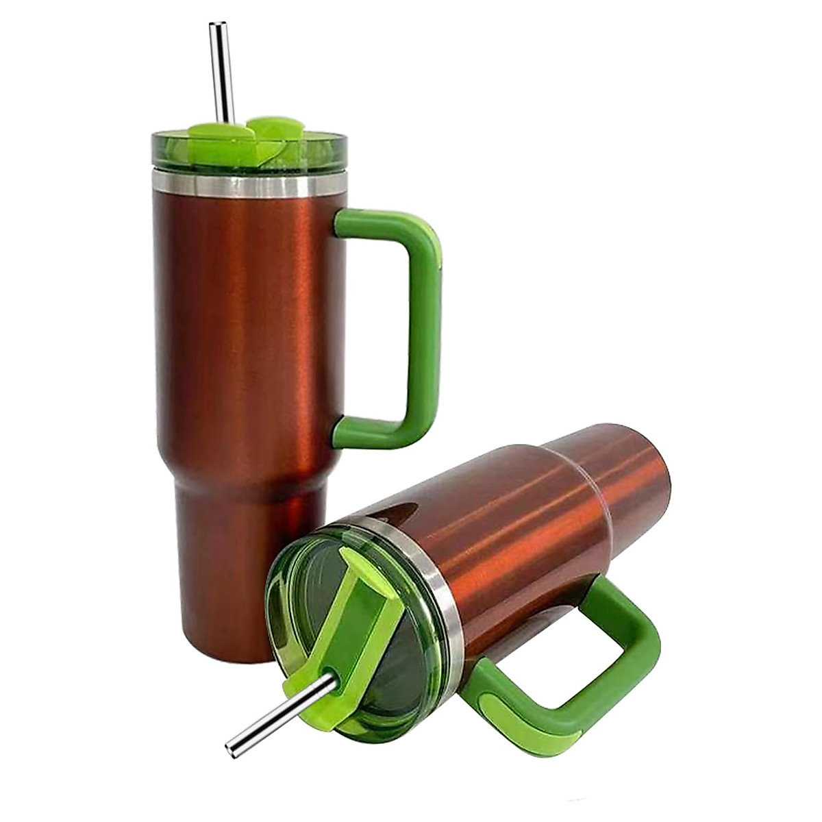 AGH 2 Pack 40 oz Sublimation Rose Gold Tumbler with Black Green Handle and Stainless Steel Straw, Insulated Double Wall Vacuum Reusable Cups with Green Leakproof Lid