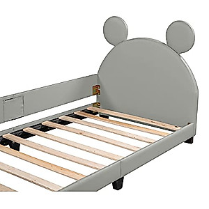 Twin Size Kids Upholstered Bed with Carton Ears Shaped Headboard,Children Twin Platform Bed Frame with PU leather，Cute Wooden Single Bed for Girls Boys, No Box Spring Needed , Grey