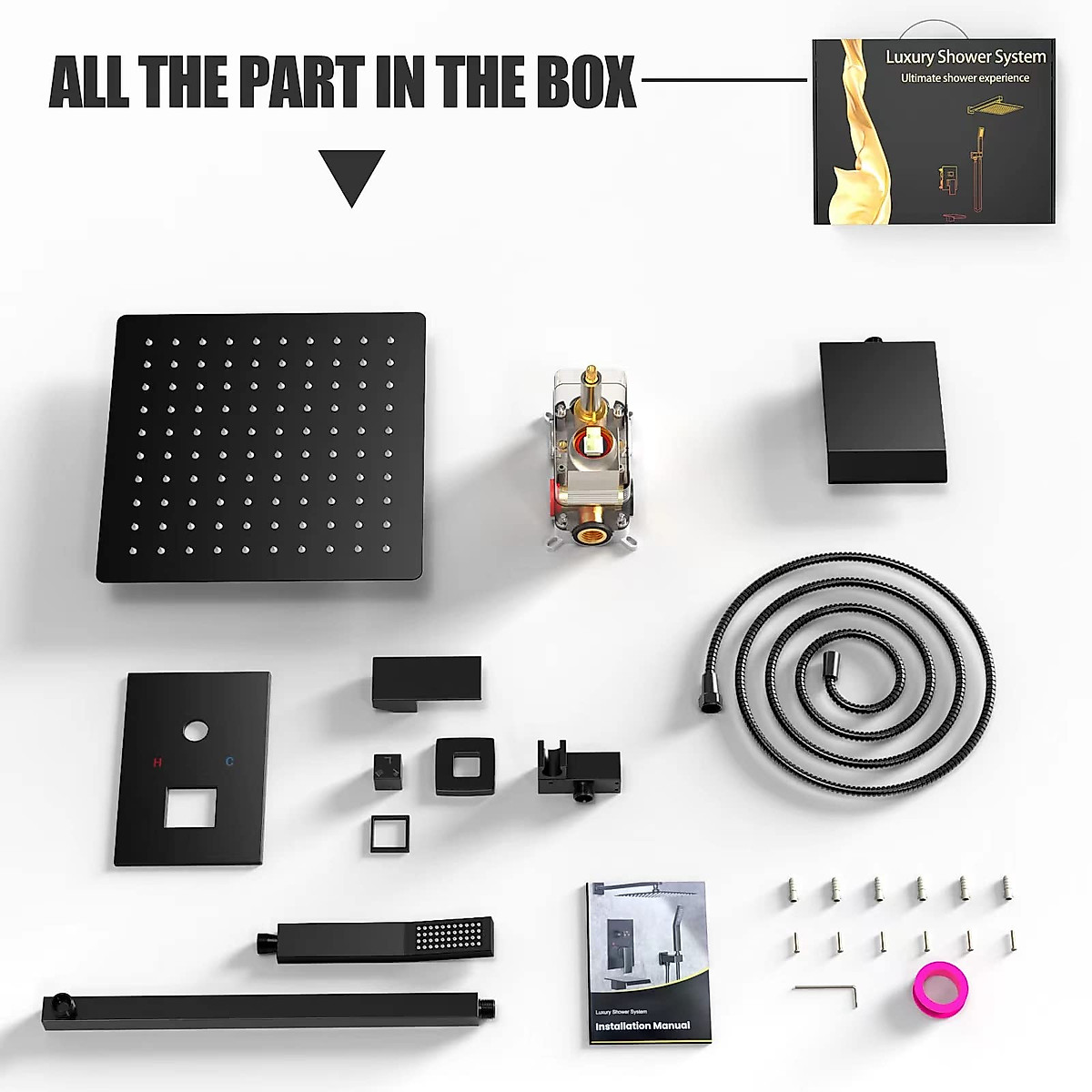 Rain Shower System 12 inch Shower Faucet Set with Tub Spout,Bathroom Wall Mounted Waterfall Shower Head Faucet Sets Complete with Handheld Spray,Rough-in Valve Body and Trim kit,Matte Black