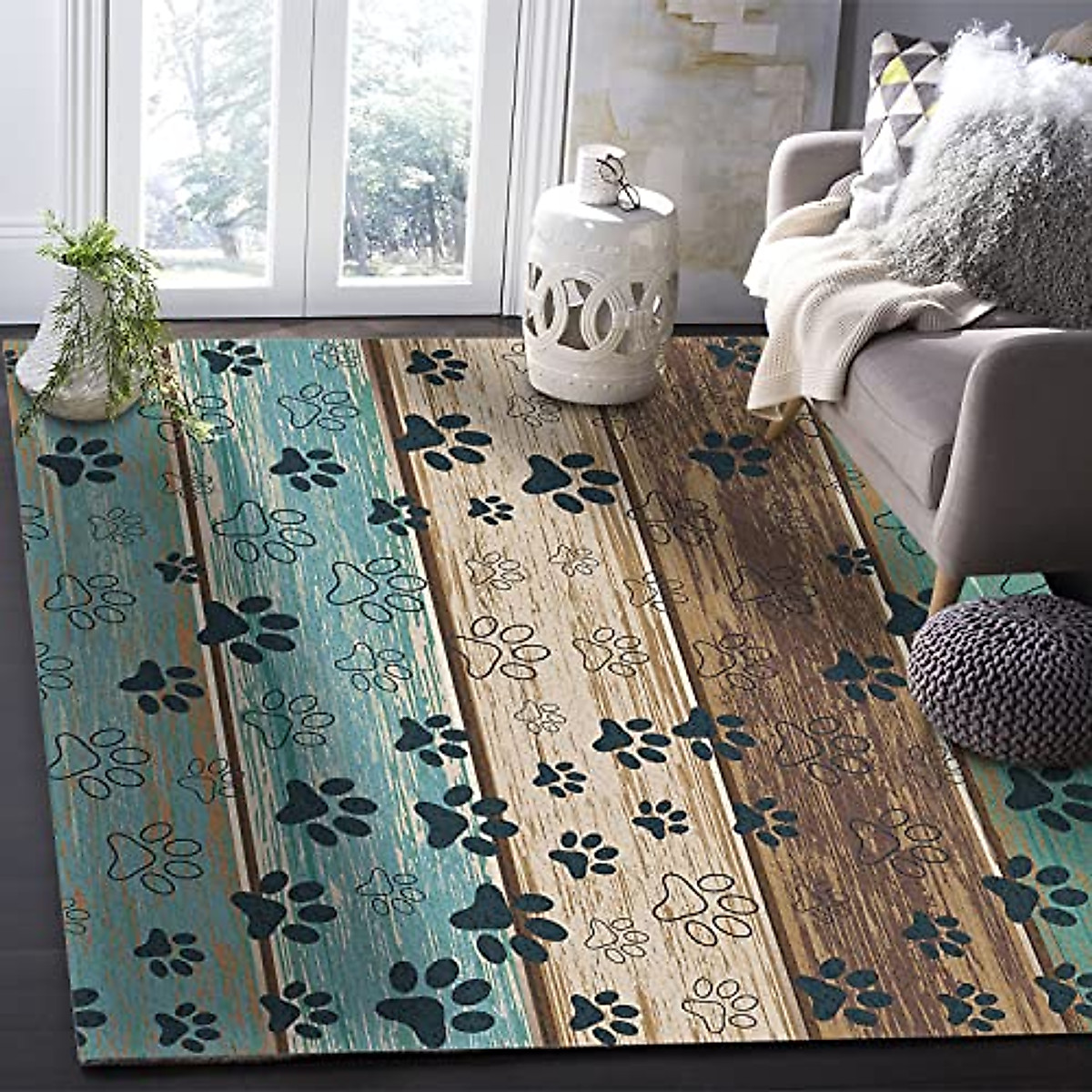 Small Area Rug 3'x5', Paw Print Filling Soft Kids Room Throw Carpet Non-Slip Bathroom Rugs, Rustic Teal Brown Beige Wood Indoor Floor Mats Kitchen Runner Rugs for Living Room Bedroom