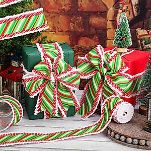 2.5 Inch 12 Yards Christmas Wired Ribbon Red Green White Stripes Xmas Ribbon for Tree Polyester Snowdrift Wired Edge Ribbon for Gift Wrapping DIY Christmas Tree Bows Wreaths Craft Decoration