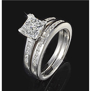 VenetiaDiamond.com REALISTIC TOP GRADE 1 CARAT CONTEMPORARY PRINCESS CUT RING SET 925 SILVER (7)