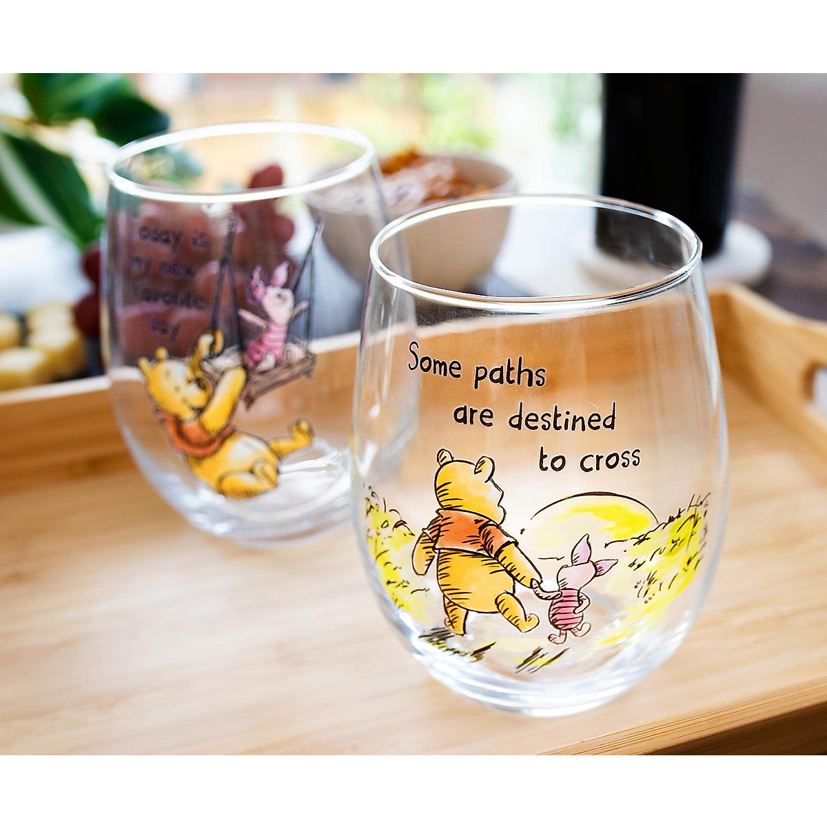 Disney Winnie The Pooh Quotes Teardrop Stemless Wine Glass Set | Tumbler Cup For Mimosas, Cocktails | Each Holds 20 Ounces