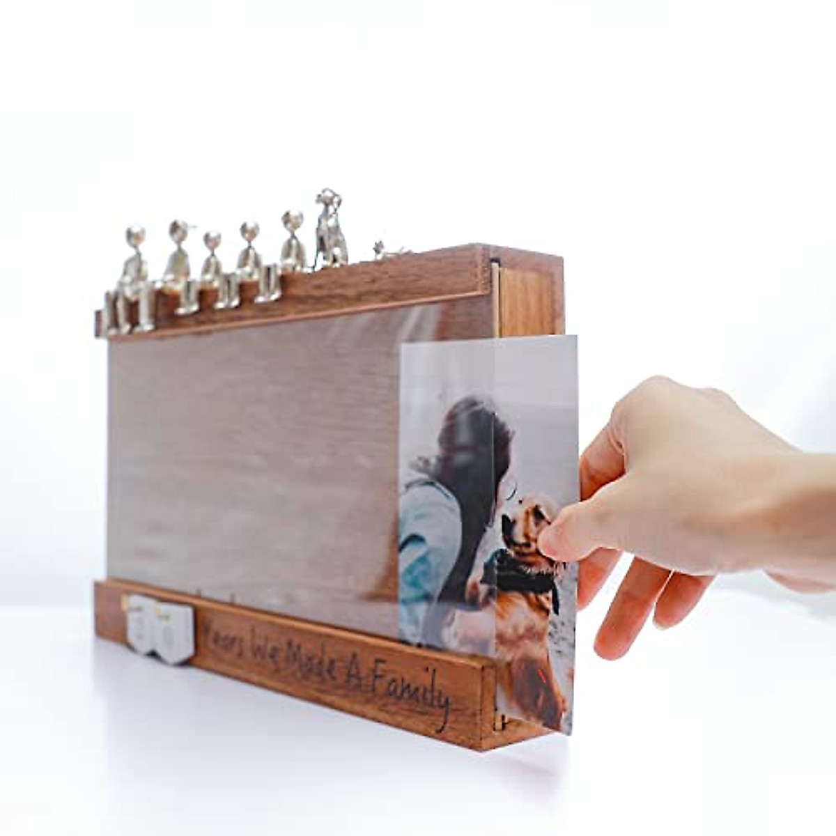 EVA murmure Personalized Romantic Wedding and Anniversary Keepsake Box with Family Statue - Wooden Memory Picture Box for Cherished Keepsakes and Ticket Storage - Elegant House Decor and Couple Gift