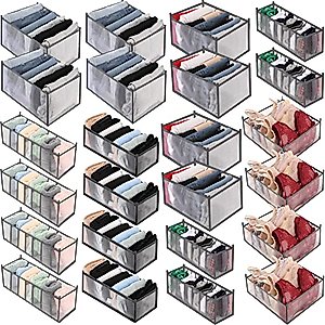 24 Pack Wardrobe Clothes Organizer Foldable Drawer Organizers Gray Clothing Organizer Nylon Drawer Dividers Clothing Compartment Storage Box for Bras Socks Underpants Jeans Shirts, 6/7/11 Grids