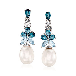Ross-Simons 8.5-9mm Cultured Pearl and 2.30 ct. t.w. Blue and White Topaz Drop Earrings in Sterling Silver