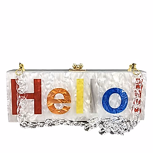 Boutique De FGG Hello Women Long Acrylic Clutch Purse Evening Bags Chain Shoulder & Crossbody Handbag (Small,White)