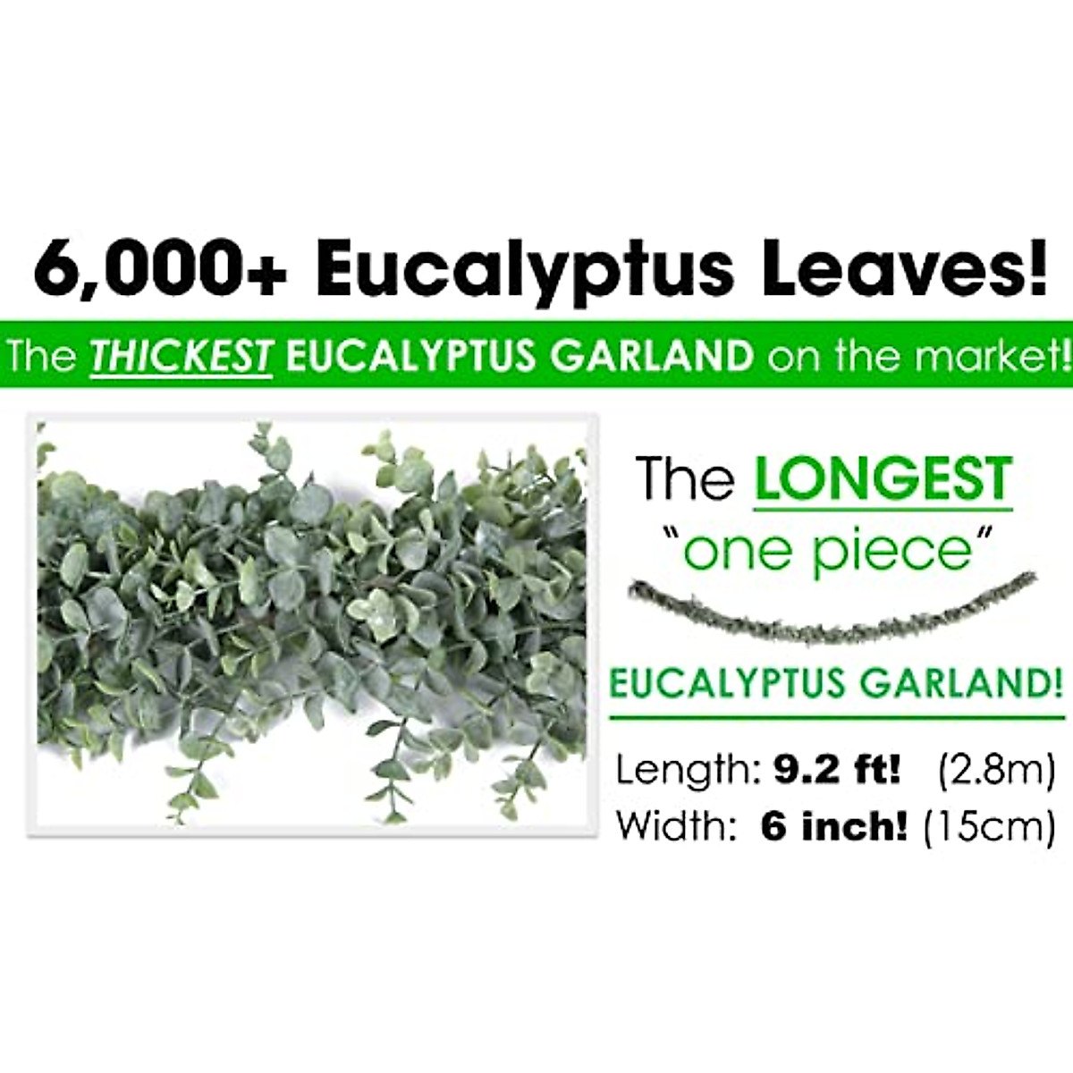 DREATIVE CO 9.2ft Eucalyptus Garland Thick - Faux Greenery Garland Leaves - Artificial Eucalyptus Vines - Eucalyptus for Wedding - Christmas Garland Home and Room Decor - Table Runner Indoor Outdoor