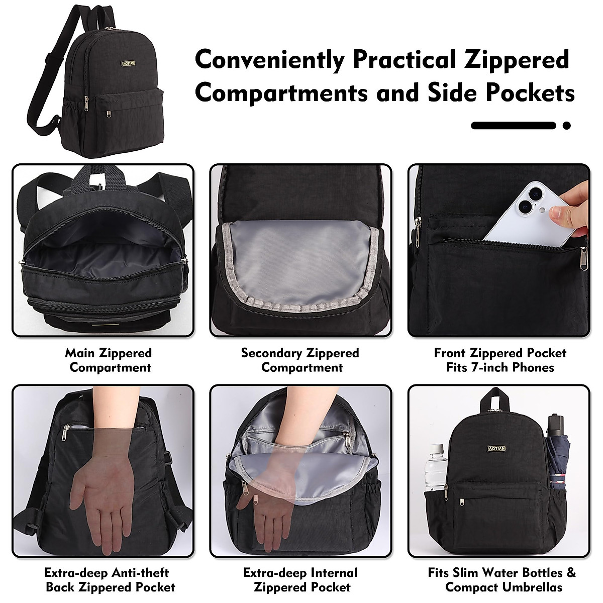 AOTIAN Small Lightweight Nylon Casual Travel Hiking Bag Daypack Backpack for Girls and Women Blue