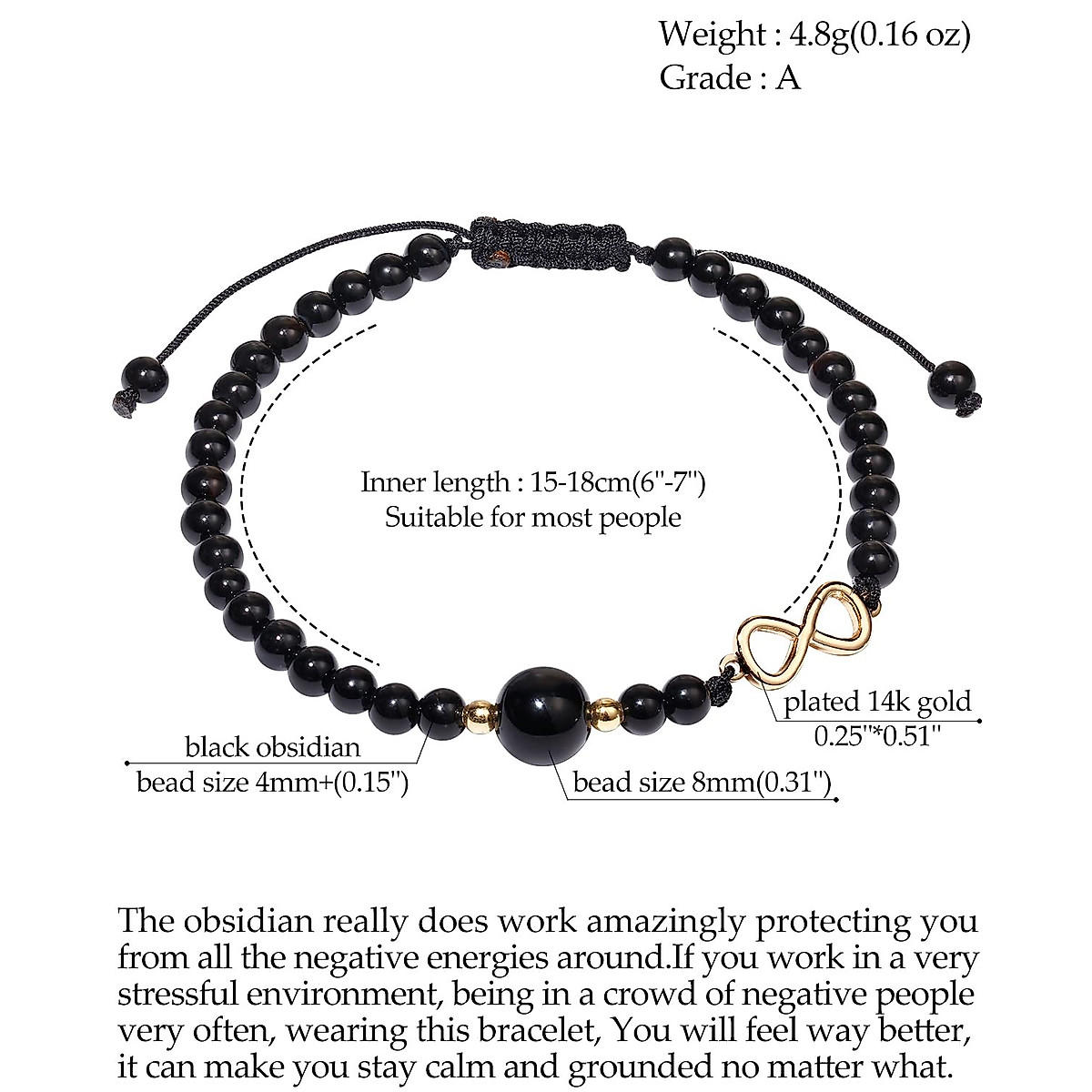 Jewever Natural Crystals and Gemstones Infinity Charm Bracelet for Women Worry Stone Beaded Friendship Bracelets Adjustable (Black Obsidian)