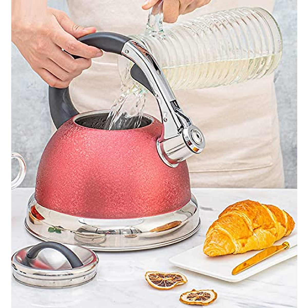 Tea Kettle Stovetop Whistling Teapot Stainless Steel Stovetop Whistling Kettle Enlarge Spout Hot Teakettle Teapot Anti-Scalding Nylon Handle Teapot 3.5L Whistle Kettle Stove Top Kettle (Color : Red)