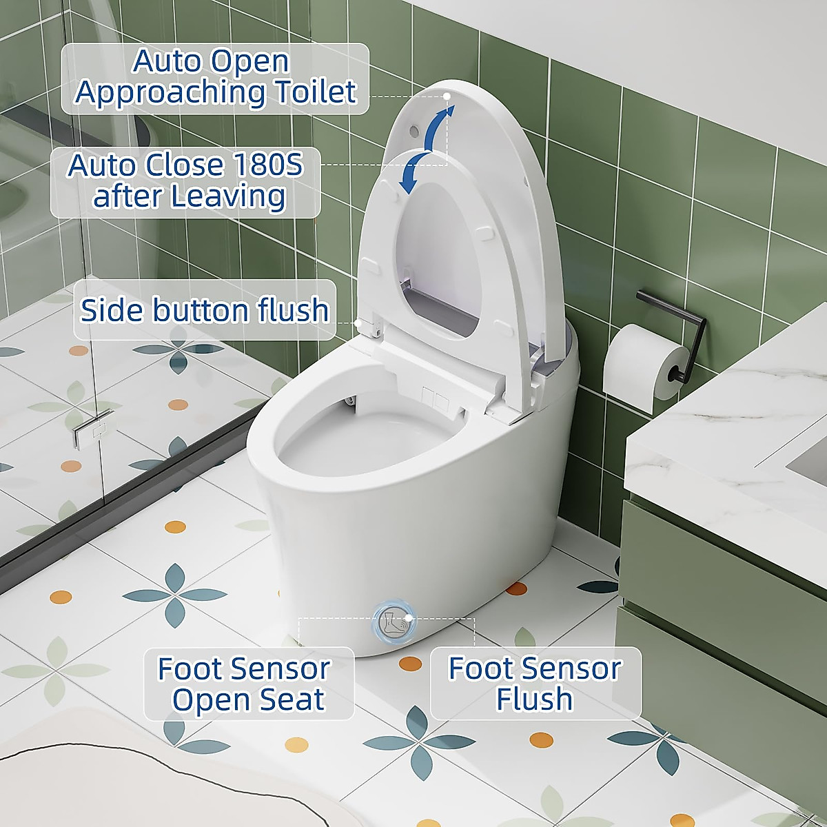 Senfot Smart Toilet with Bidet Seats, Automatic Flip and Slow Close Lid, Foot Sensor, Automatic Flush When Standing Up, Heated Seat and Night Light, Remote Control Operation, WZ2801U-3, White