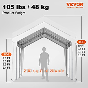 VEVOR 10 x 20 ft Carport Car Canopy, Heavy Duty Garage Shelter with 8 Legs, Car Garage Tent for Outdoor Party, Birthday, Garden, Boats, Adjustable Peak Height from 8.3 ft to 10 ft, White