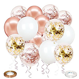 Nobledecor White Rose Gold Confetti Balloons Kit, 60 Pcs 12 inch Metallic Rose Gold Balloons Chrome Latex Confetti Birthday Party Balloons for Birthday Wedding Party Supplies Arch Decoration Baby Shower Graduation Festival Party