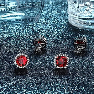 Jstyle 18K White Gold Plated Halo Stud Earrings 925 Sterling Silver Cubic Zirconia Stud Earrings Round Square Red Stud Earrings Set for Women Men CZ Birthstone Jewelry Gifts