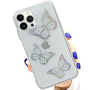 LUSAMYE iPhone 14 Pro Max Case - Cute Butterfly Design, Clear Glitter Electroplated Cover with Screen Protector for Girls & Women