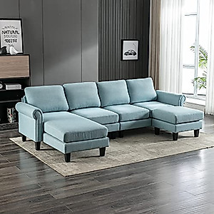 HomSof U-Shape Sectional Sofa Set for Living Room, Mid Century Modern Couch with Chaise and Ottoman, Light Blue