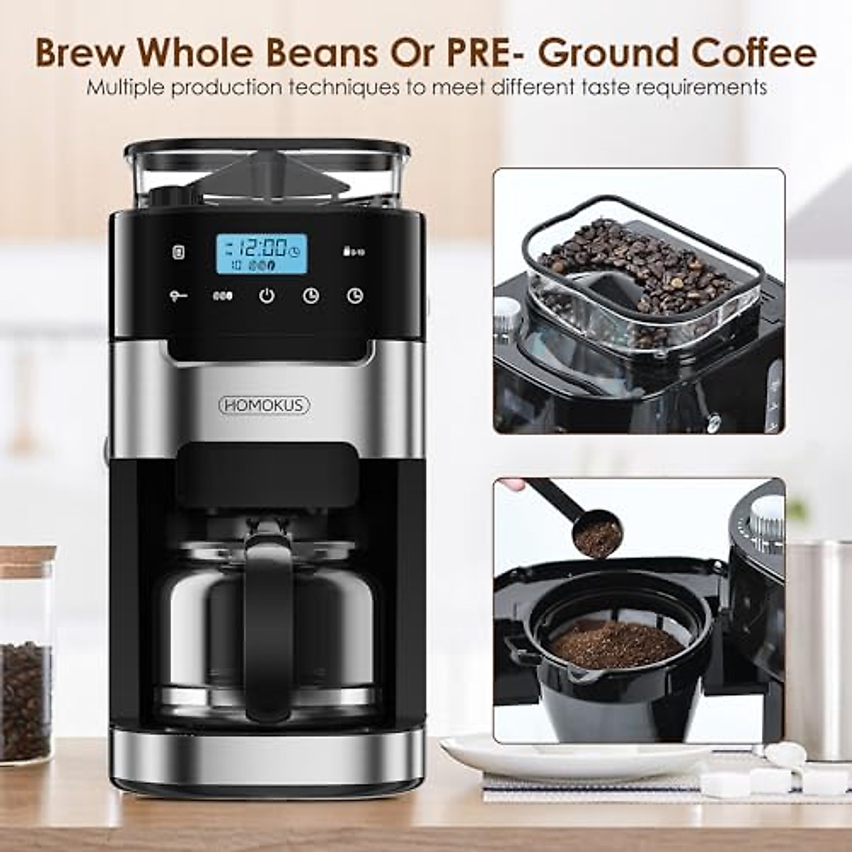 HOMOKUS 10-Cup Coffee Maker with Grinder, Touch Screen, Automatic Brew, Warming Plate, 1.5L Water Tank, Removable Filter - For Home and Office