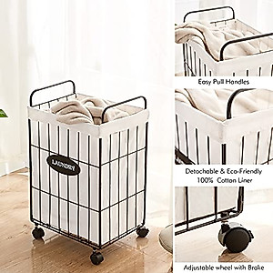 Mxfurhawa Iron Wire Laundry Hamper With Rolling Lockable Wheels, Folding Laundry Storage Basket with Handles,Detachable Liner Collapsible Dirty Laundry Hamper Cart Sorter Clothes Basket Organizer (23.6 inches)