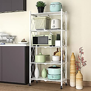 Muichi Folding Shelf 5-Tier, Foldable Shelves with Wheels, Heavy Duty Shelving Unit, Sturdy Metal Shelf Storage Organizer Rack for Kitchen, Garage, Home, Office, Garden (White)