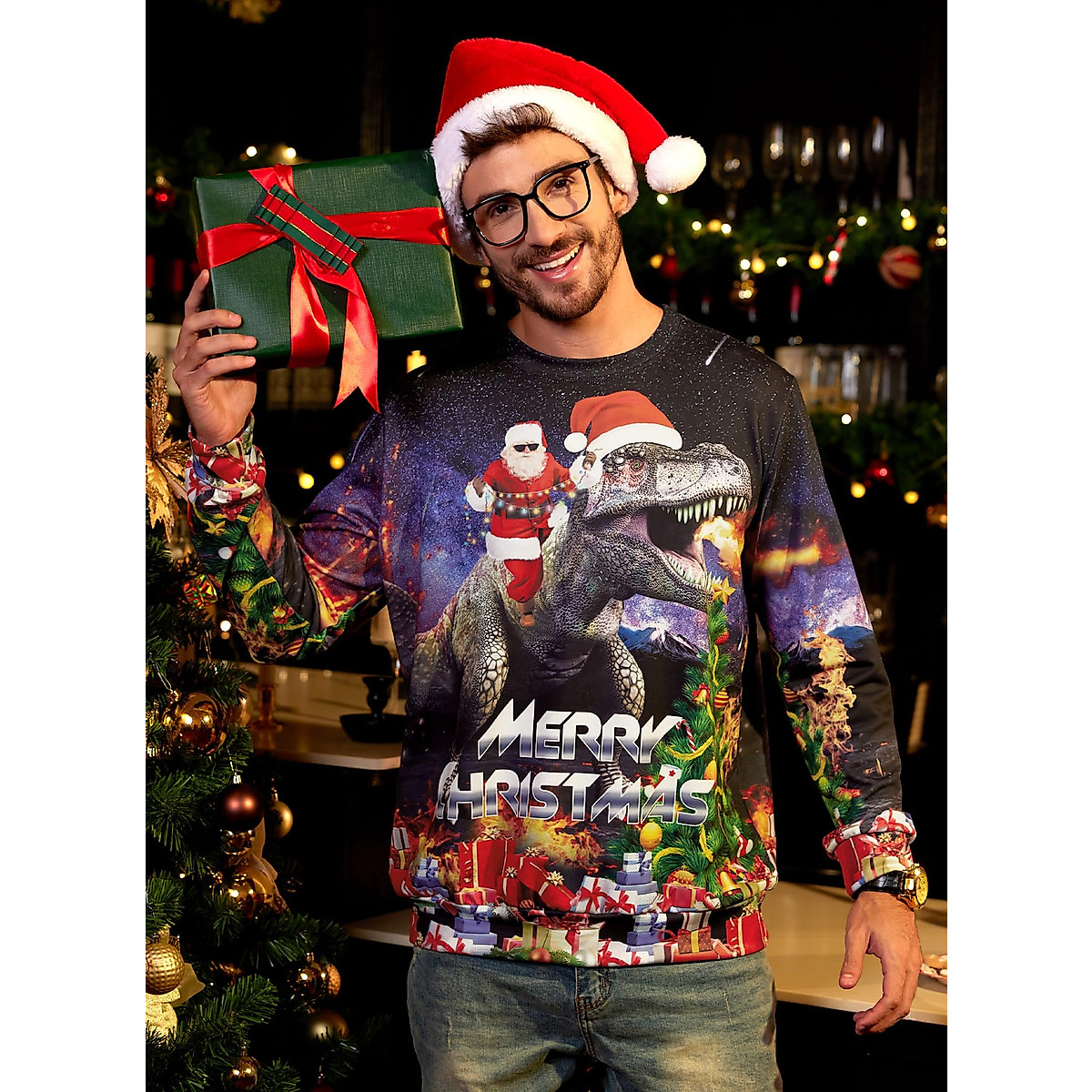 Arvilhill Christmas Mens Funny Holiday Xmas Santa Dinosaur Long Sleeve Sweater Ugly 3D Printed Party Sweatshirt M