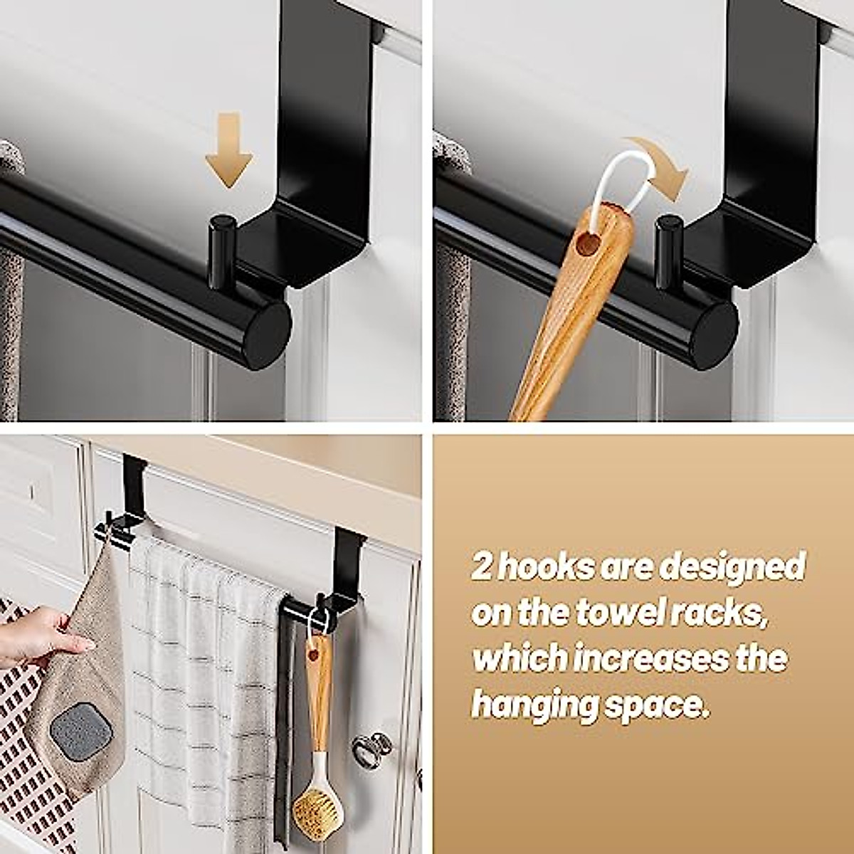 VEHHE Kitchen Towel Holder-2pcs, 9-Inches, Dish Towel Holder with 2 Hooks, Towel Holder for Kitchen Cabinet with EVA Foam Pads, Over The Door Towel Holder for Kitchen and Bathroom (Black)