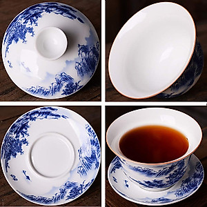 Jingdezhen Chinese Gaiwan Handmade 6.3oz/180ml Mountain Style China Blue and White Porcelain Gaiwan Kungfu Teacup Traditional Chinese Teaware Tea Set