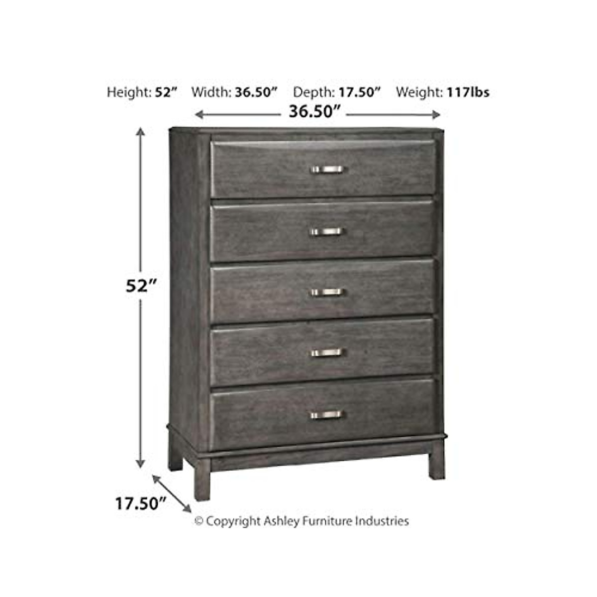 Signature Design by Ashley Caitbrook Contemporary 5 Drawer Chest with Dovetail Construction, Weathered Gray, Grey, 36.5 x 17.5 x 52 inches