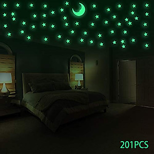 201 PCS Glow in The Dark Stars for Ceiling, 3D Glow Stars and Moon for Starry Sky,Wall Decals for Kids Rooms,Wall Stickers for Bedroom(200 Stars,1 Moon, 300 Adhesive)