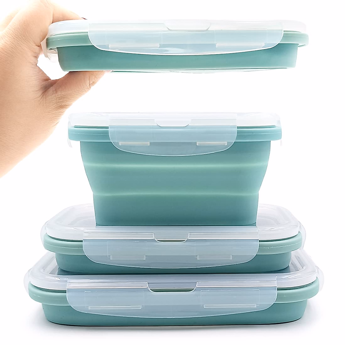 Duoyou Collapsible Silicone Lunch Bento Box, Portable Food Storage Container Outdoor Picnic Box Space Saving, Microwave, Dishwasher and Freezer Safe, 3 Pcs Set (Blue)