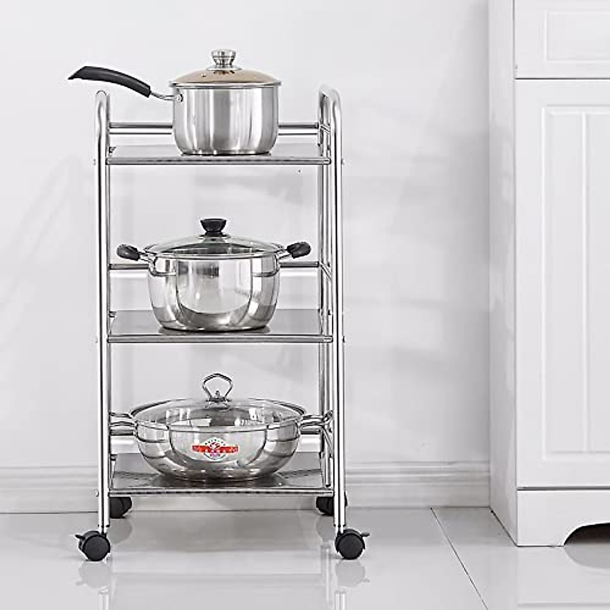 3-Shelf Small Shelving Units on Wheels Stainless Steel Kitchen Cart Pots Stand - Bathroom Garage Storage Shelves 16 Inches Wide