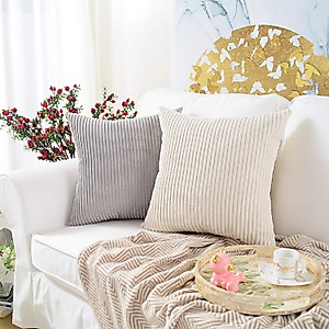 MERNETTE Pack of 2, Corduroy Soft Decorative Square Throw Pillow Cover Cushion Covers Pillowcase, Home Decor Decorations for Sofa Couch Bed Chair 18x18 Inch/45x45 cm (Striped Cream)