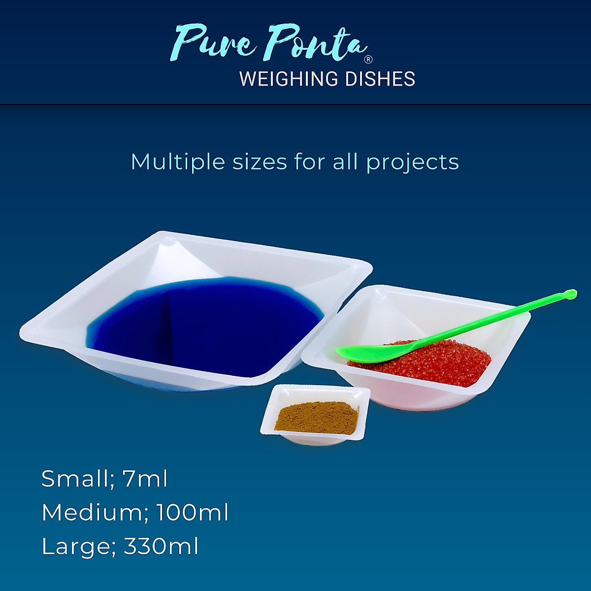 Pure Ponta Weigh Boats - Small, Medium & Large Square Plastic Disposable Trays for Scale - 7ml, 100ml, 330ml - 125pk Per Size