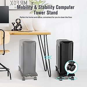 Metal Computer Tower Stand, Heavy Duty Mobile CPU Stand, CPU Holder Cart Under Desk, Width Adjustable Desktop Stand with Rolling Caster Wheels, PC Tower Stand Holder Fits Most Gaming PC Case - Black