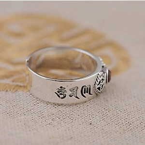 Pure Silver Ring, Buddhism six true word ,Sterling Silver 925 , Natural Garnet Gemstone, Adjustable open ring, Retro Folk style, unisex ring