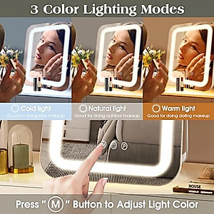 Sucedey Makeup Mirror with Lights, 12"x10" Lighted Vanity Mirror, 3 Color Modes & Adjustable Brightness, Detachable 10x Magnification, 360°Rotation (White)
