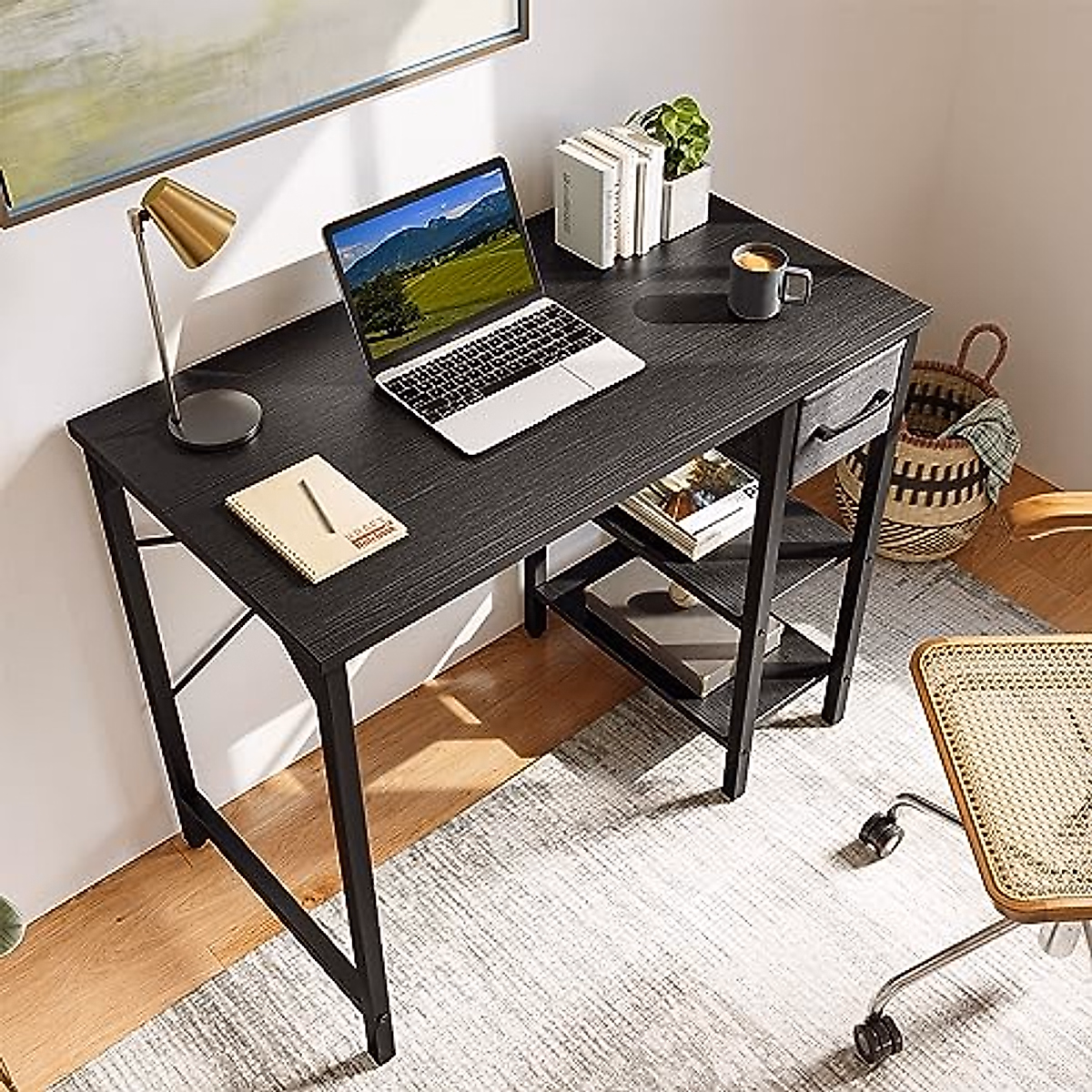 BANTI Small Computer Desk with Drawers, 35 Inch Home Office Desk with 2Storage Shelves on Left or Right Side, Study Writing Desk with Storage Bag, Black