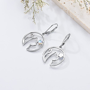Cat Earrings with Moonstone 925 Sterling Silver Kitten Dangle Dangling Drop Charm Leverback Earrings Animal Jewelry Gifts for Women