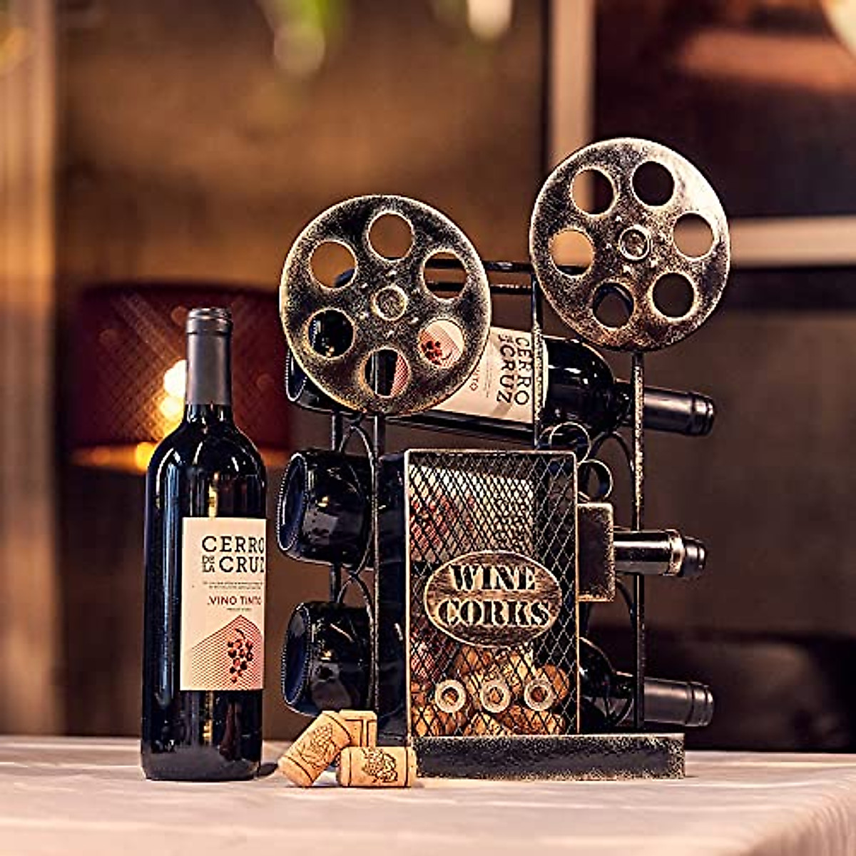 Aayla Tabletop Wine Rack – Retro Classic Movie Projector for Holding 3 Bottles with Cork Storage Perfect Wine Gift for Wine Lovers