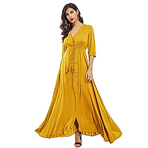 Milumia Women's Button Up V Neck Half Sleeve Split Flowy Plain Party Maxi Dress Yellow X-Large