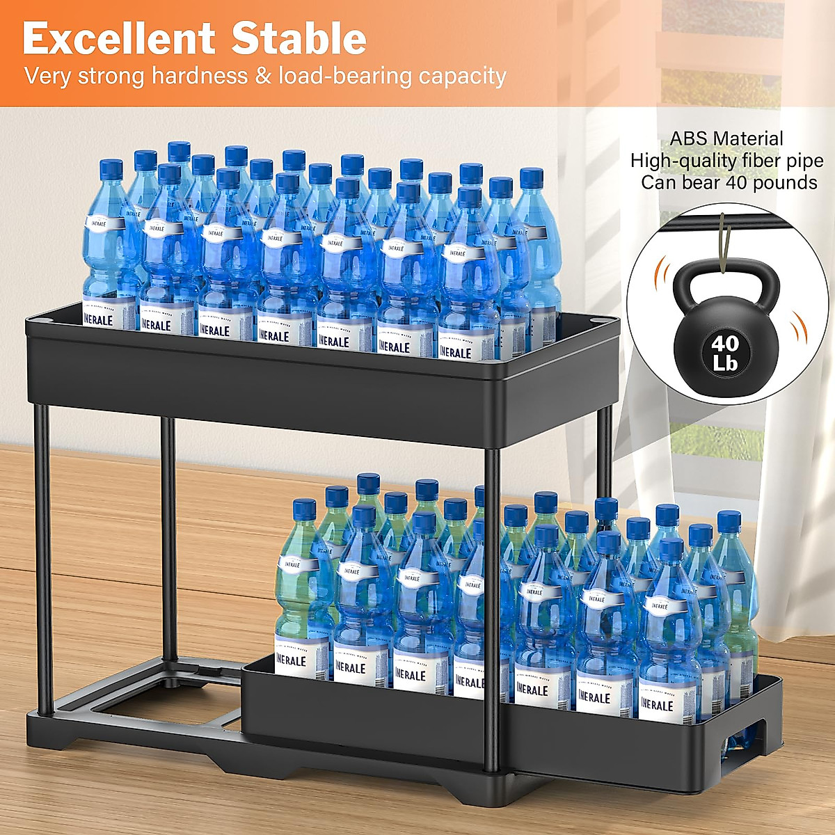 HINZER Under Sink Organizers and Storage, Slide Out Kitchen Cabinet Organizer 2 Tier Bathroom Counter Organizer with Hooks, Hanging Cups, Dividers, Multipurpose Cleaning Supplies Organizer for Home