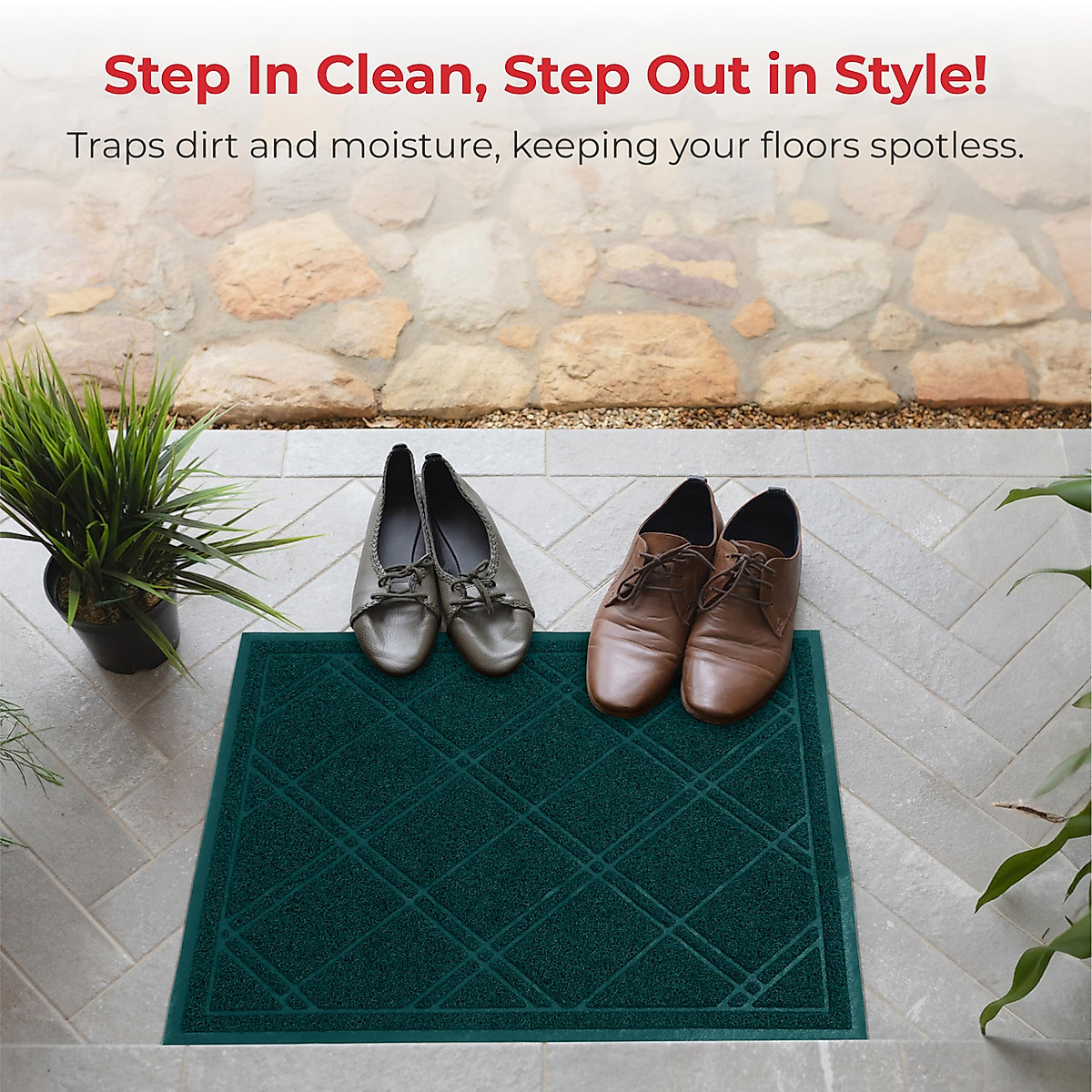 SlipToGrip Durable Door Mat - Green Plaid Design Entryway Rug - 42x35 inches, No-Slip and Washable - Indoor and Outdoor Use, Weatherproof - Ideal for Garage, Patio, and Front Entryway