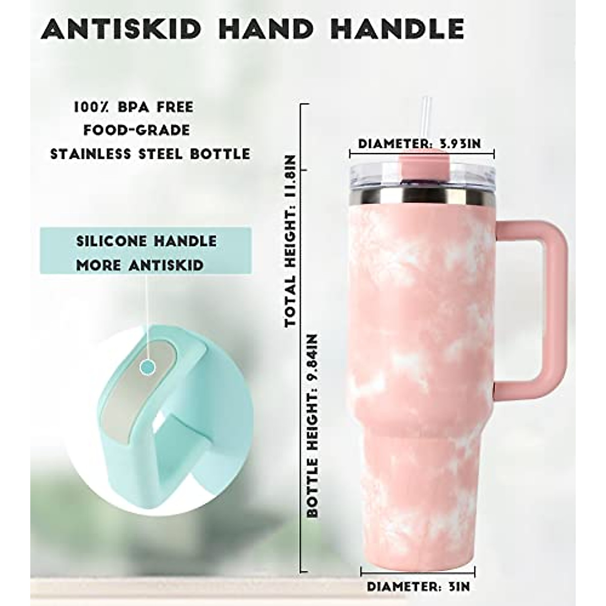 DREAMING MY DREAM 40oz Tumbler with Handle, H2.0 Tumbler Reusable Vacuum, Insulated Tumbler With Lid and Straws, Insulated Cup, Leak Resistant Lid (Tie Dye Pink)