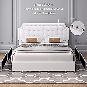 Keyluv Upholstered Queen Bed Frame with 4 Storage Drawers, Platform Bed with Curved Button Tufted Headboard with Nailhead Trim, Solid Wooden Slats Support, No Box Spring Needed, Off White